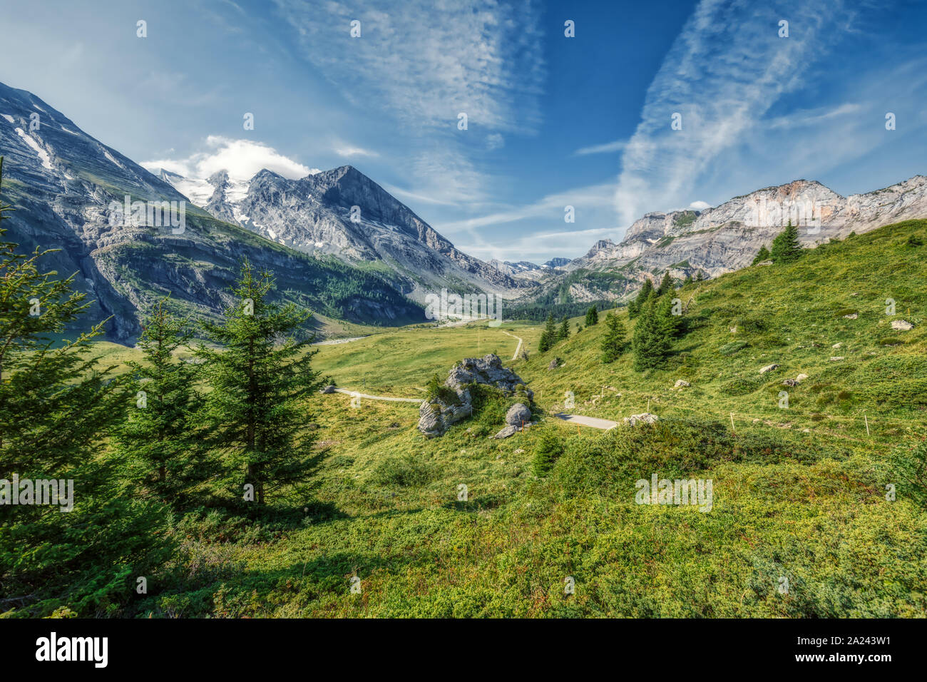 HDR panorama of classic Swiss hike over the Gemmi pass from Leukerbad ...