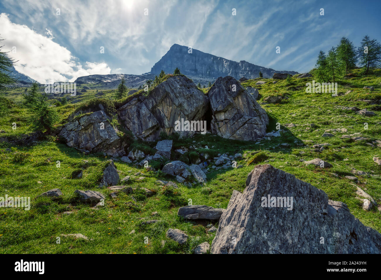 HDR panorama of classic Swiss hike over the Gemmi pass from Leukerbad ...