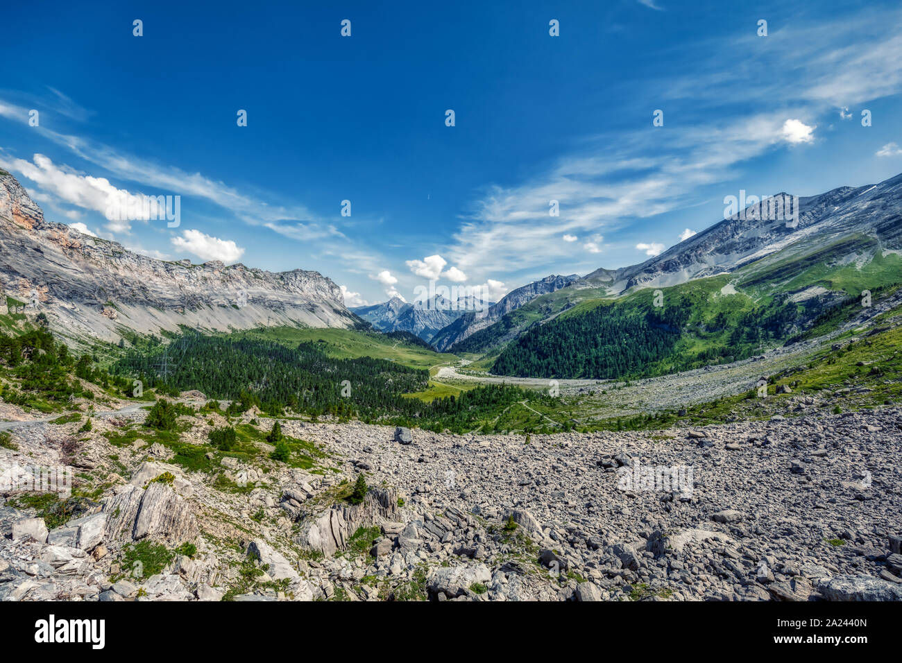 HDR panorama of classic Swiss hike over the Gemmi pass from Leukerbad ...