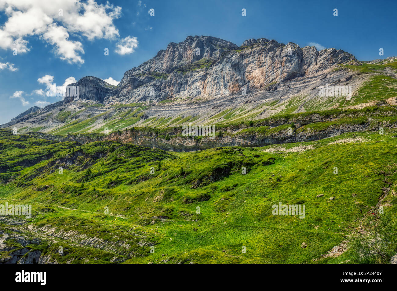 HDR panorama of classic Swiss hike over the Gemmi pass from Leukerbad ...