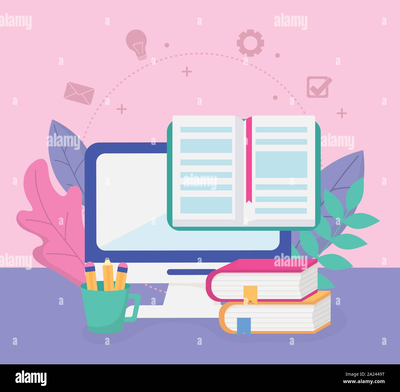 computer book pencils school education online image vector illustration ...