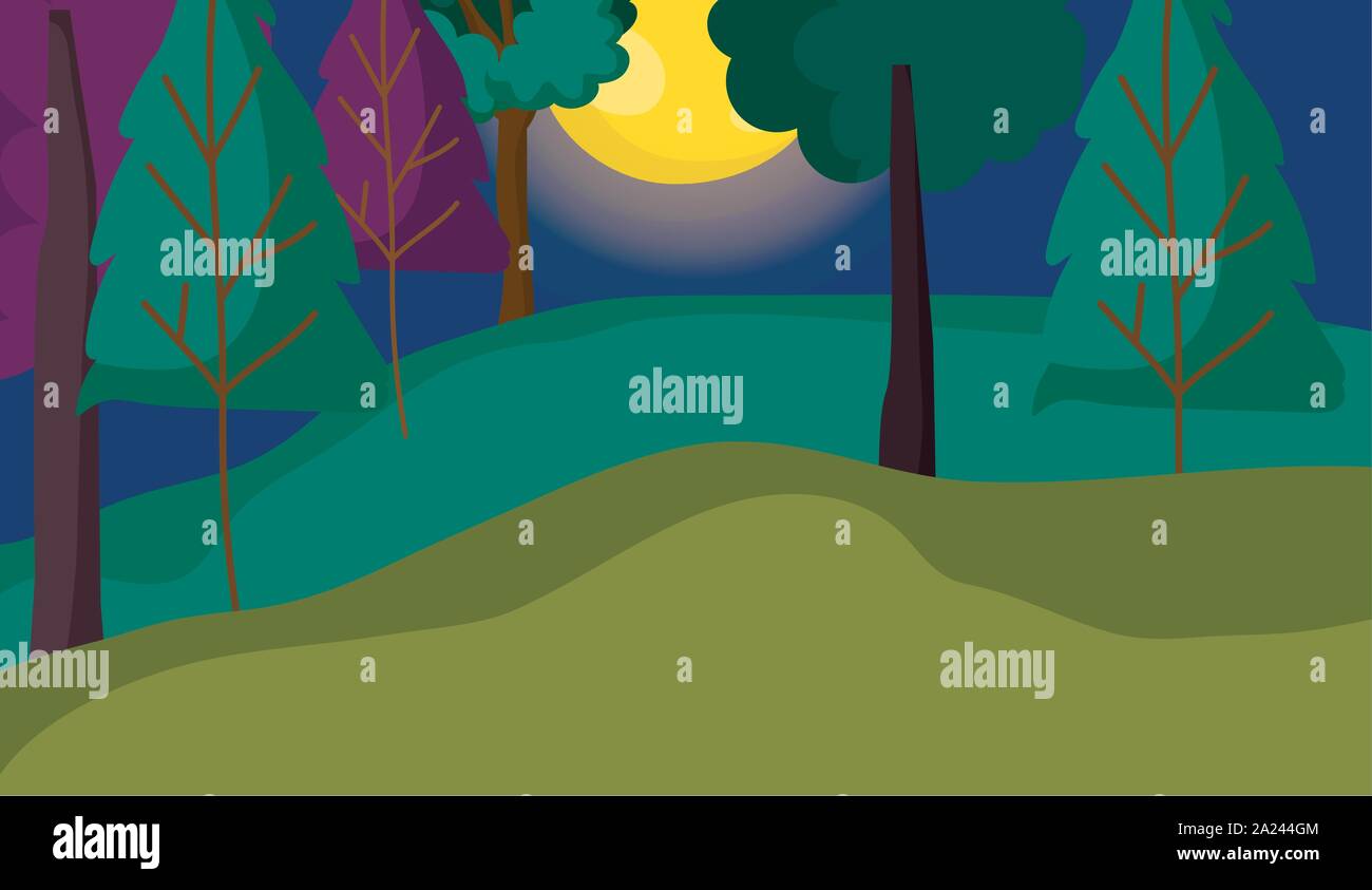 night moon forest trees meadow landscape cartoon Stock Vector Image ...