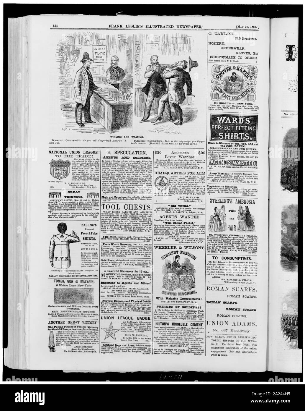 Page of advertisements, with cartoon winning and wearing, showing man ...