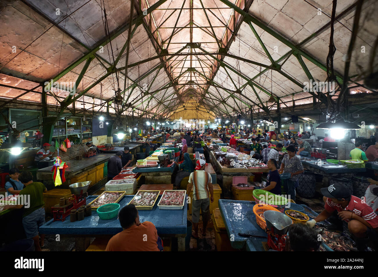 Overview look at the seafood selling area of the old, local ...