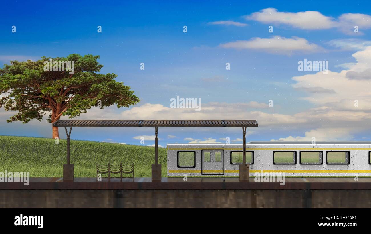 The 3d rendering of beautiful small train station with train beside it ...