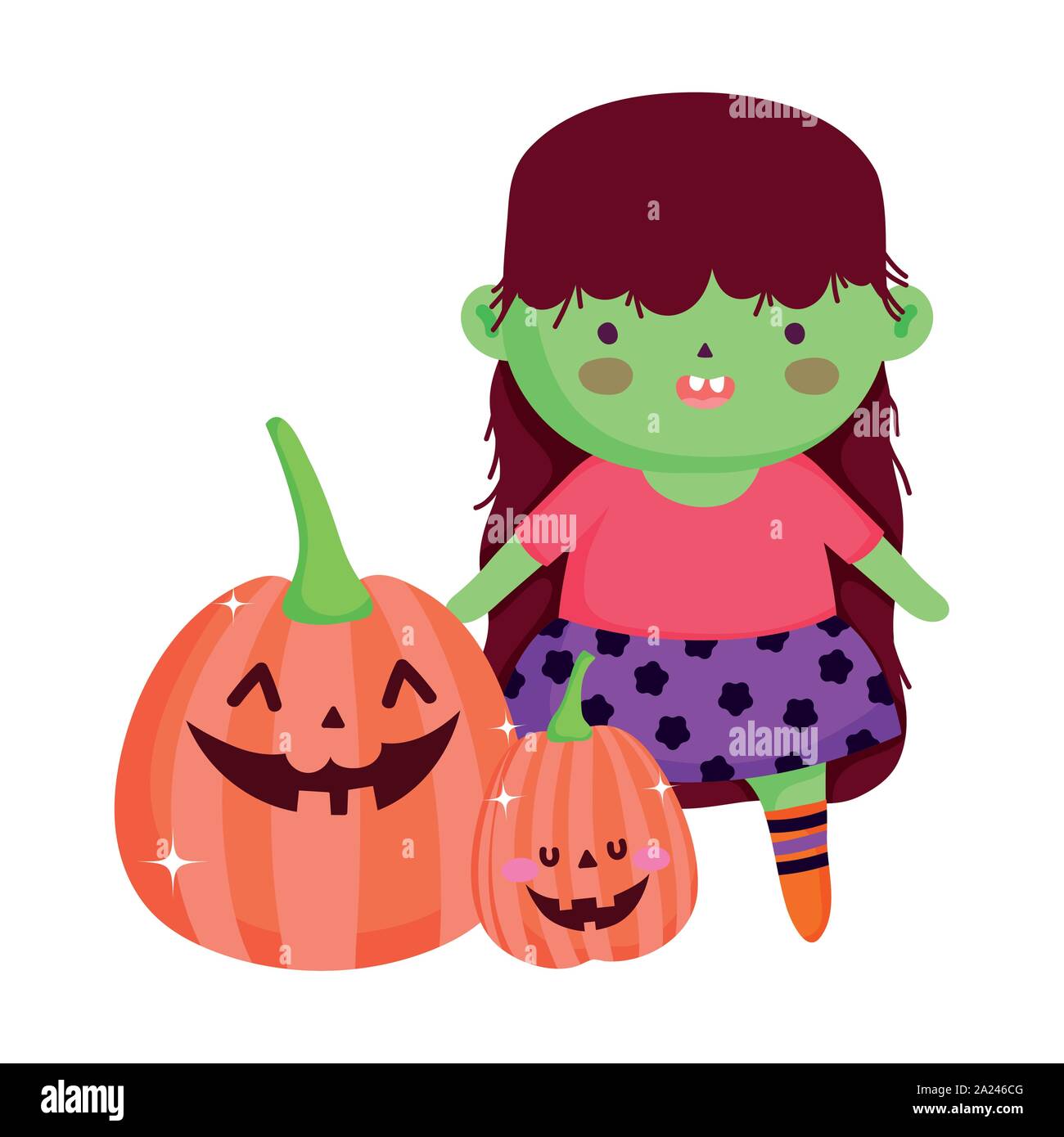 girl witch costume and pumpkins trick or treat happy halloween vector ...