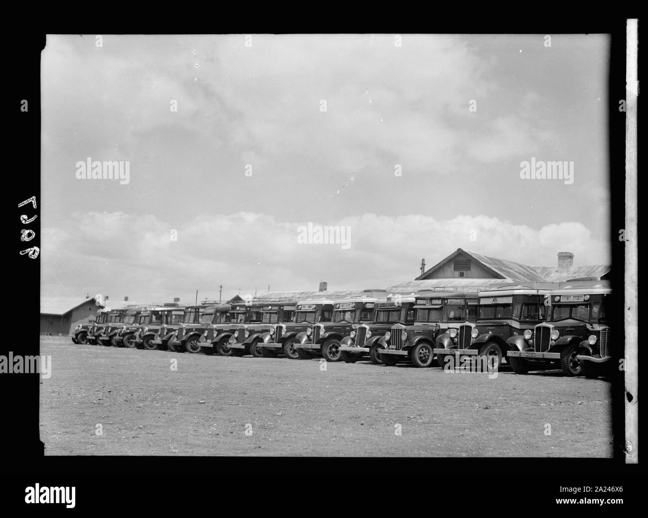 Palestine disturbances 1936. Row of buses used for transporting forces ...