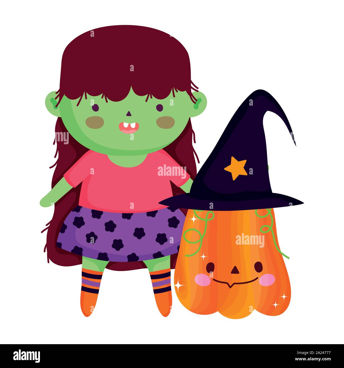 girl witch costume with pumpkin trick or treat happy halloween vector ...