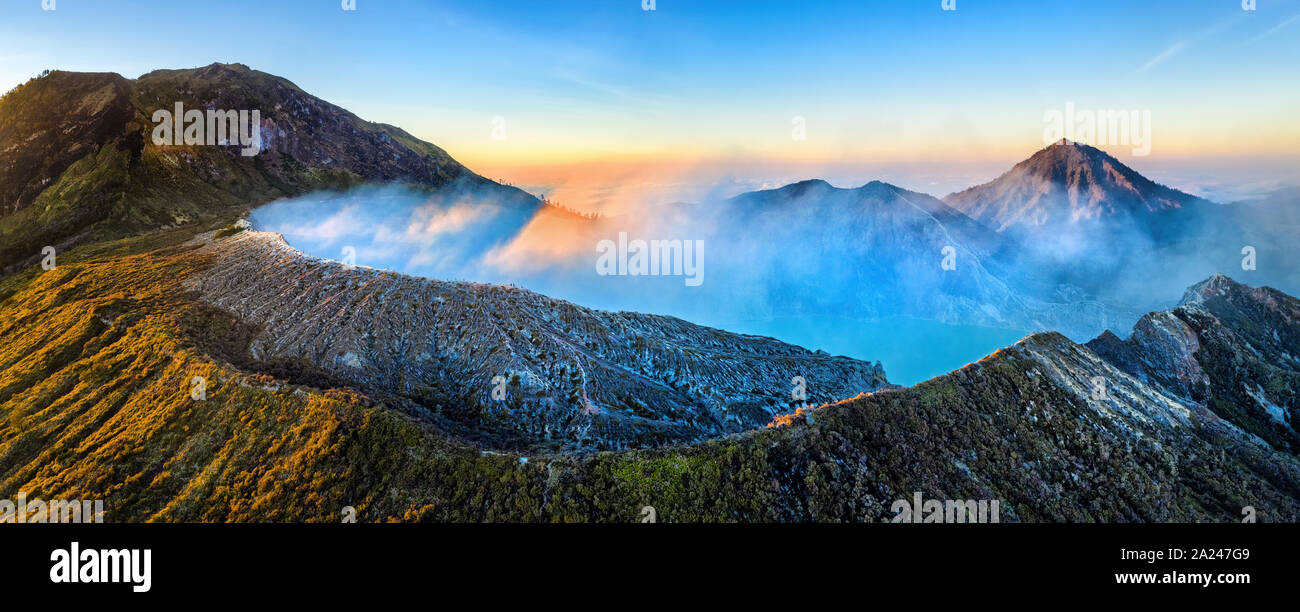 Aerial View of panorama Kawah Ijen - Early in the Morning. A group of composite volcanoes in the ...