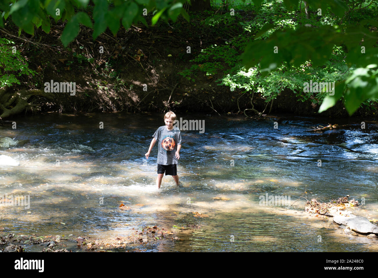 Young boys enjoy exploring in creek Stock Photo - Alamy