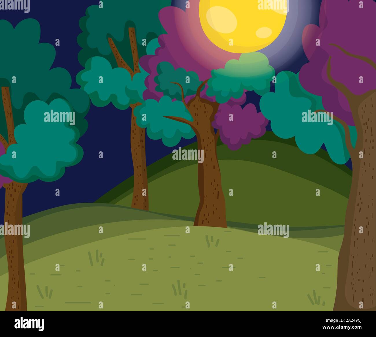 night moon tree grass landscape cartoon vector illustration Stock ...