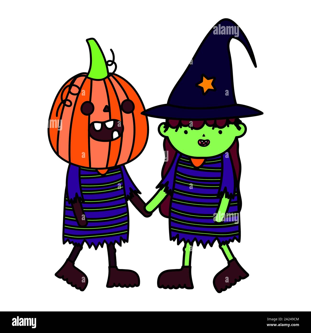 girl witch and pumpkin costume trick or treat happy halloween vector ...