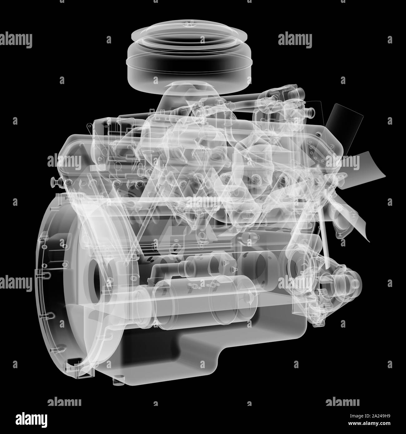 Internal combustion engine X-Ray style. Isolated on black background ...
