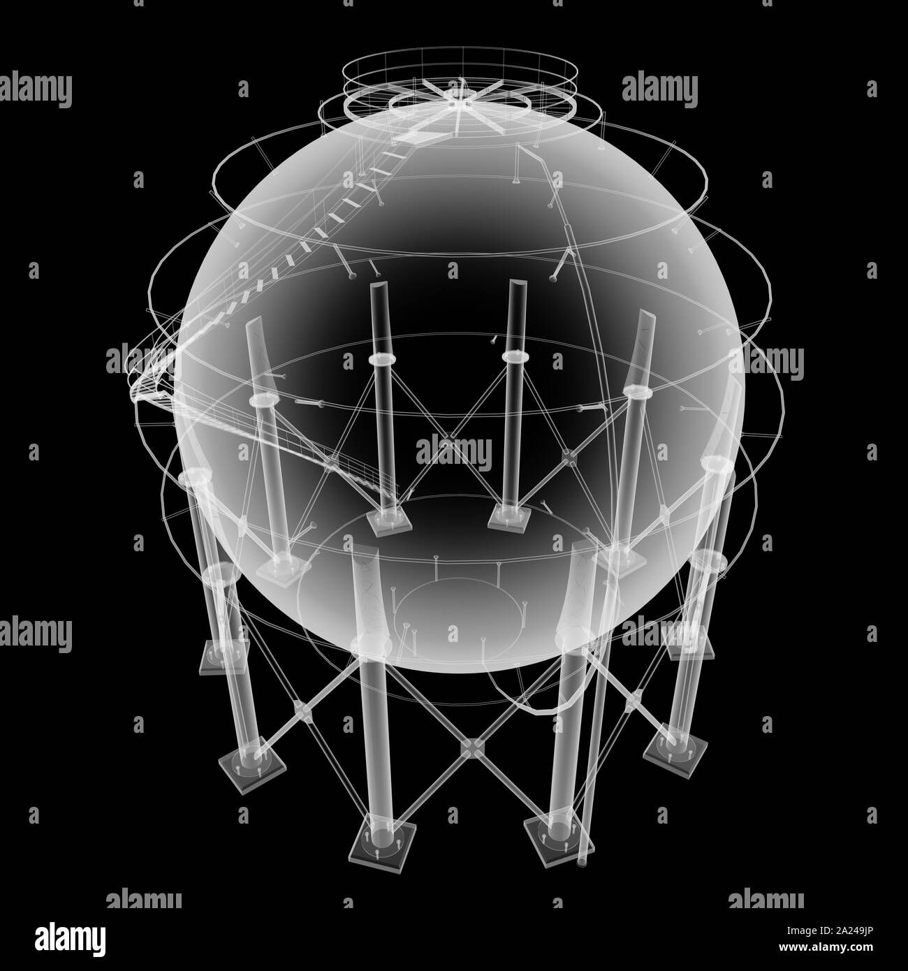 Round oil or gas tank. X-ray render isolated on black background. 3D ...
