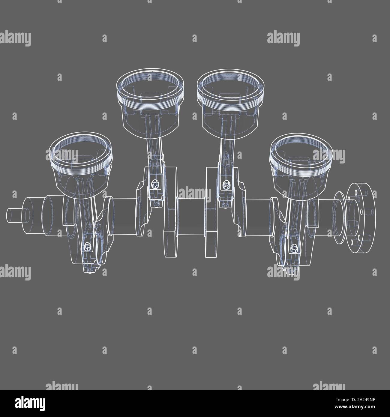 Engine pistons outline. 3D illustration. White lines and grey ...