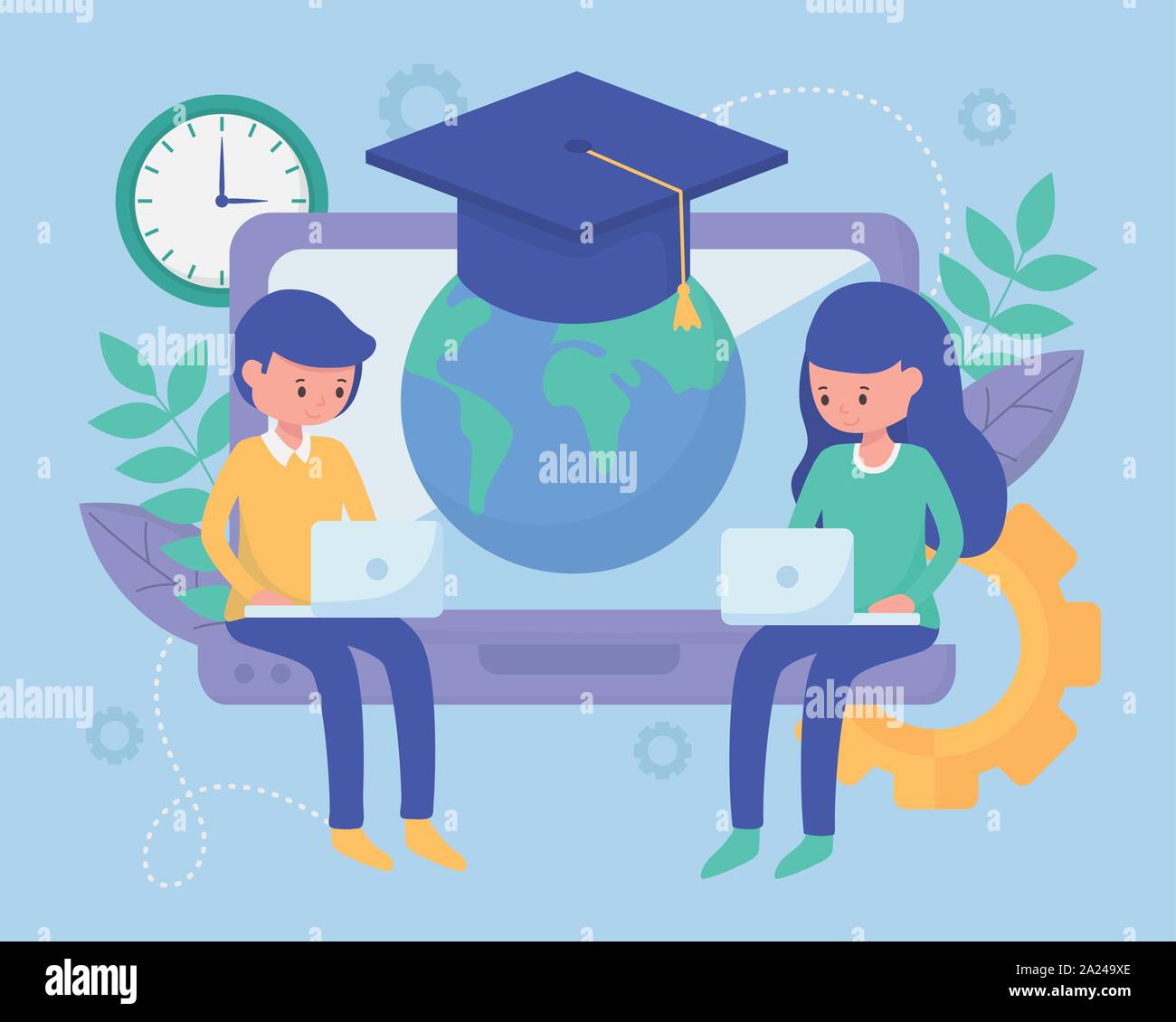 students with laptop world graduation hat school education online image ...