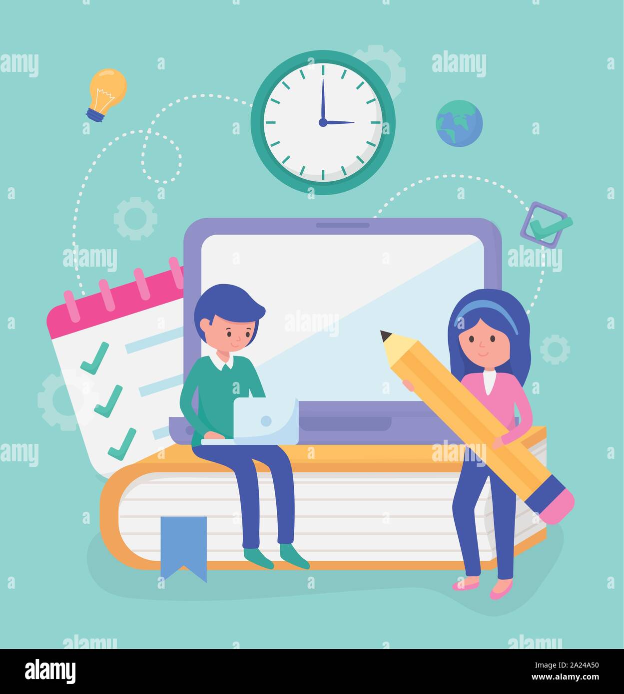 students with laptop pencil clock check mark school education online ...