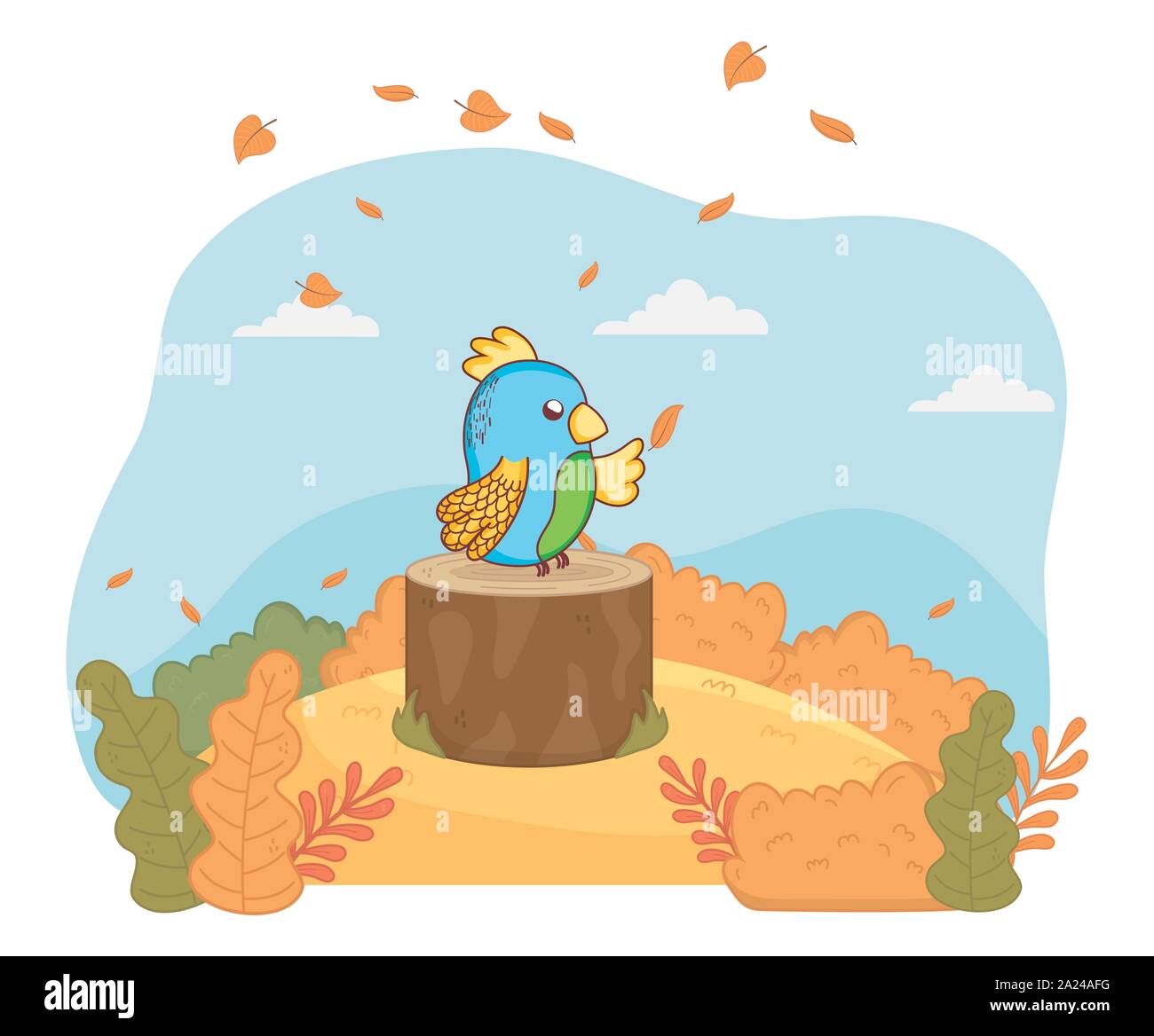 cute parrot on trunk foliage hello autumn vector illustration Stock ...