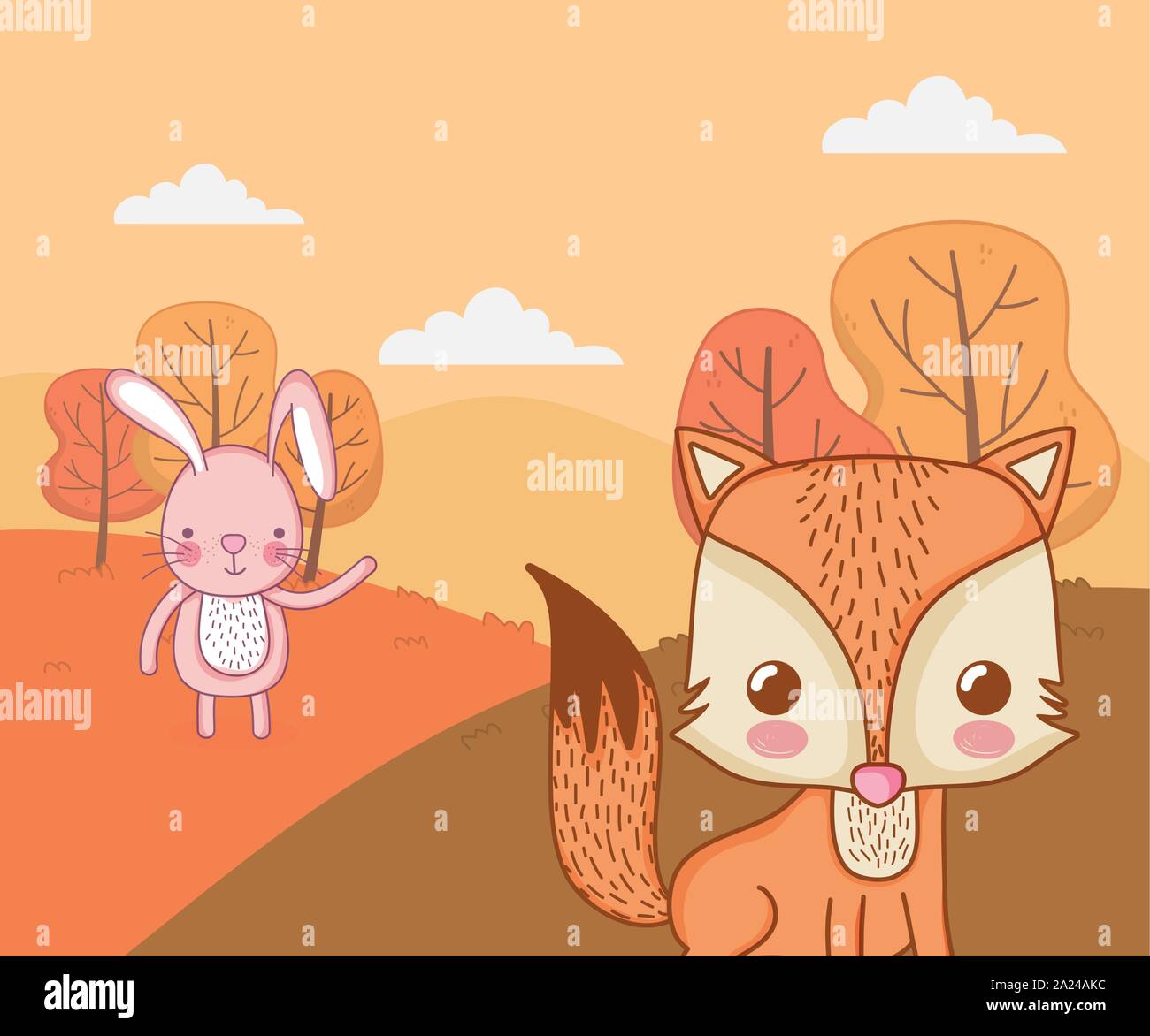 cute fox and rabbit foliage hello autumn vector illustration Stock ...