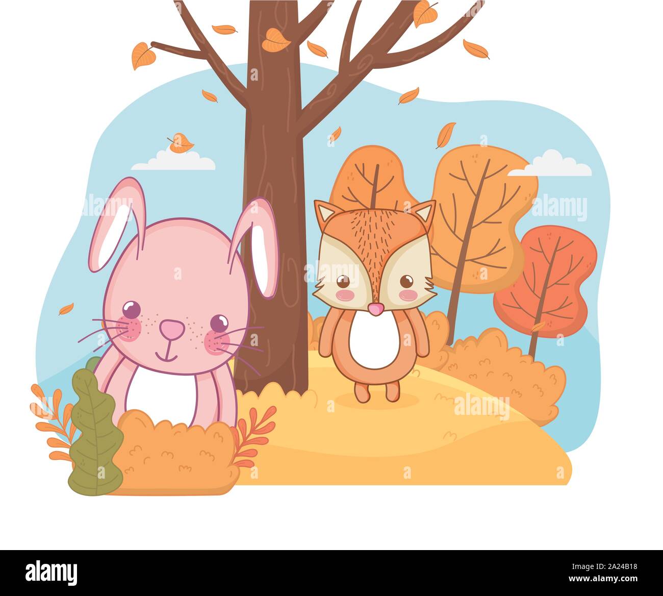 cute rabbit and fox leaves botanical foliage hello autumn vector ...