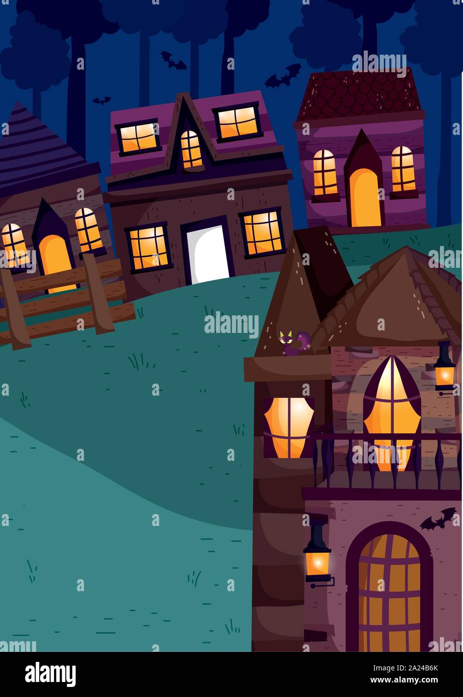 haunted houses village bats night trick or treat happy halloween vector ...