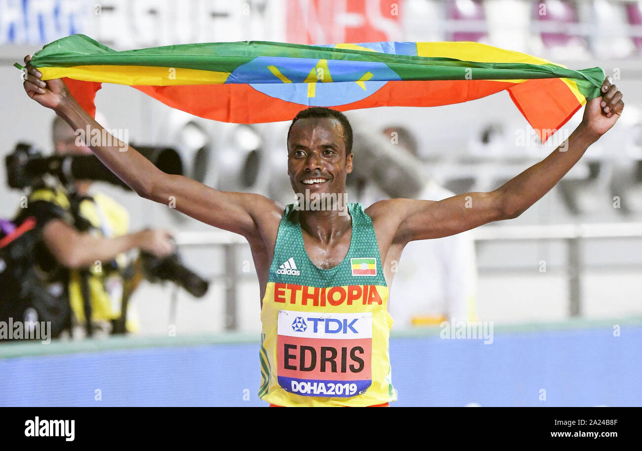 Doha, Qatar. 2nd October, 2019. Muktar Edris of Ethiopia celebrates ...