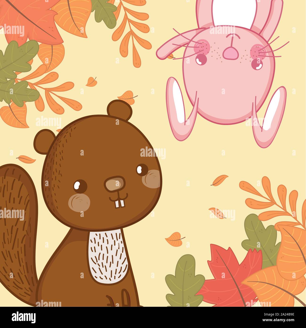 cute rabbit and squirrel leaves decoration foliage hello autumn vector ...