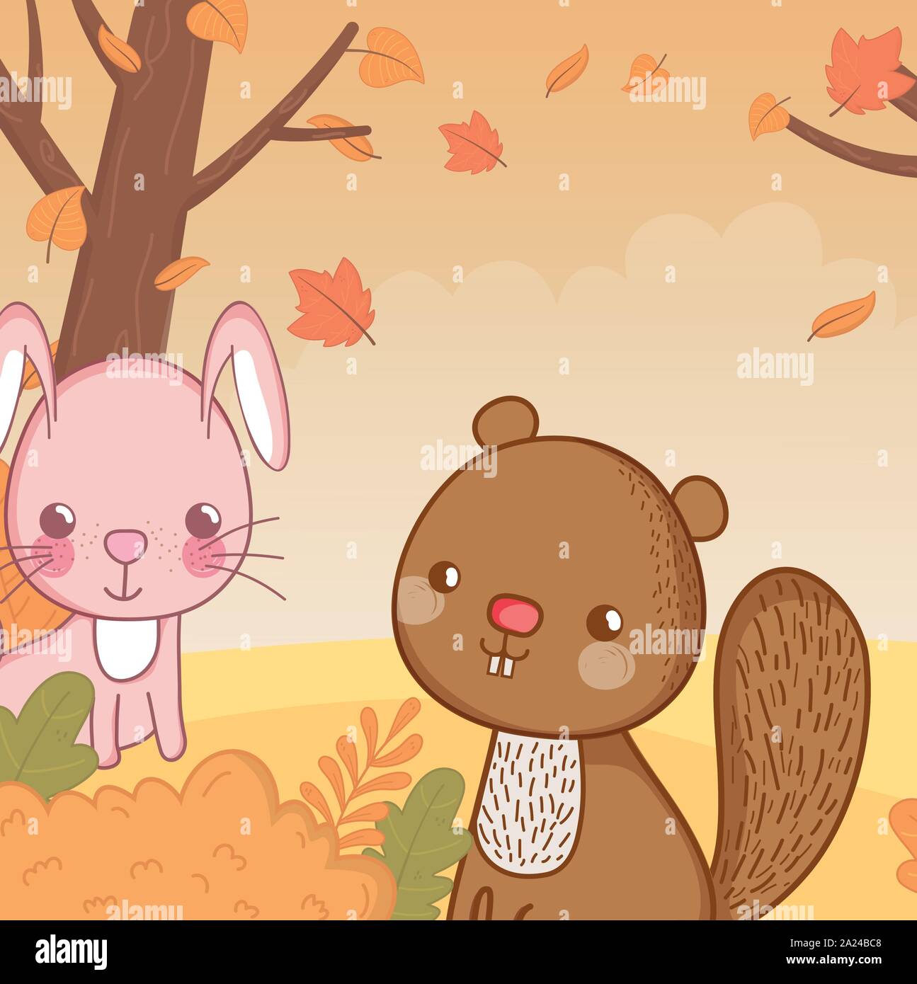 cute rabbit and squirrel foliage hello autumn vector illustration Stock ...