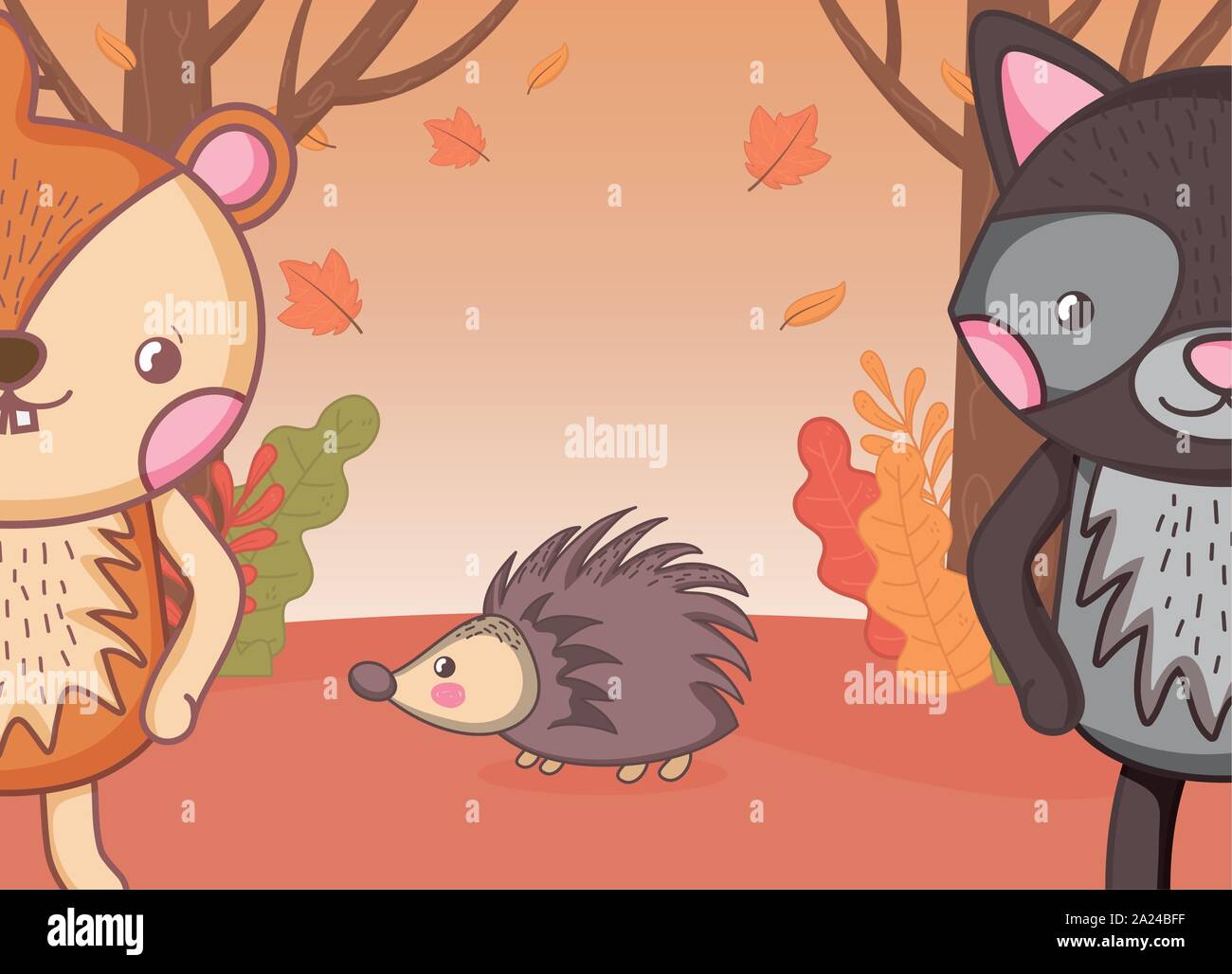 cute squirrel raccoon and hedgehog trees foliage hello autumn vector ...