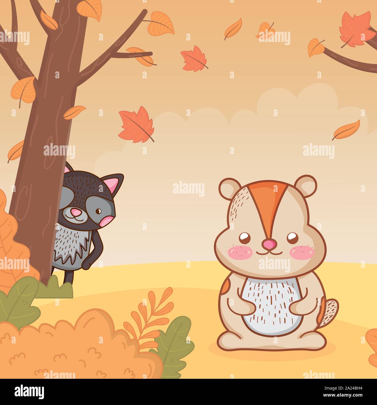 cute beaver and raccoon foliage hello autumn vector illustration Stock ...