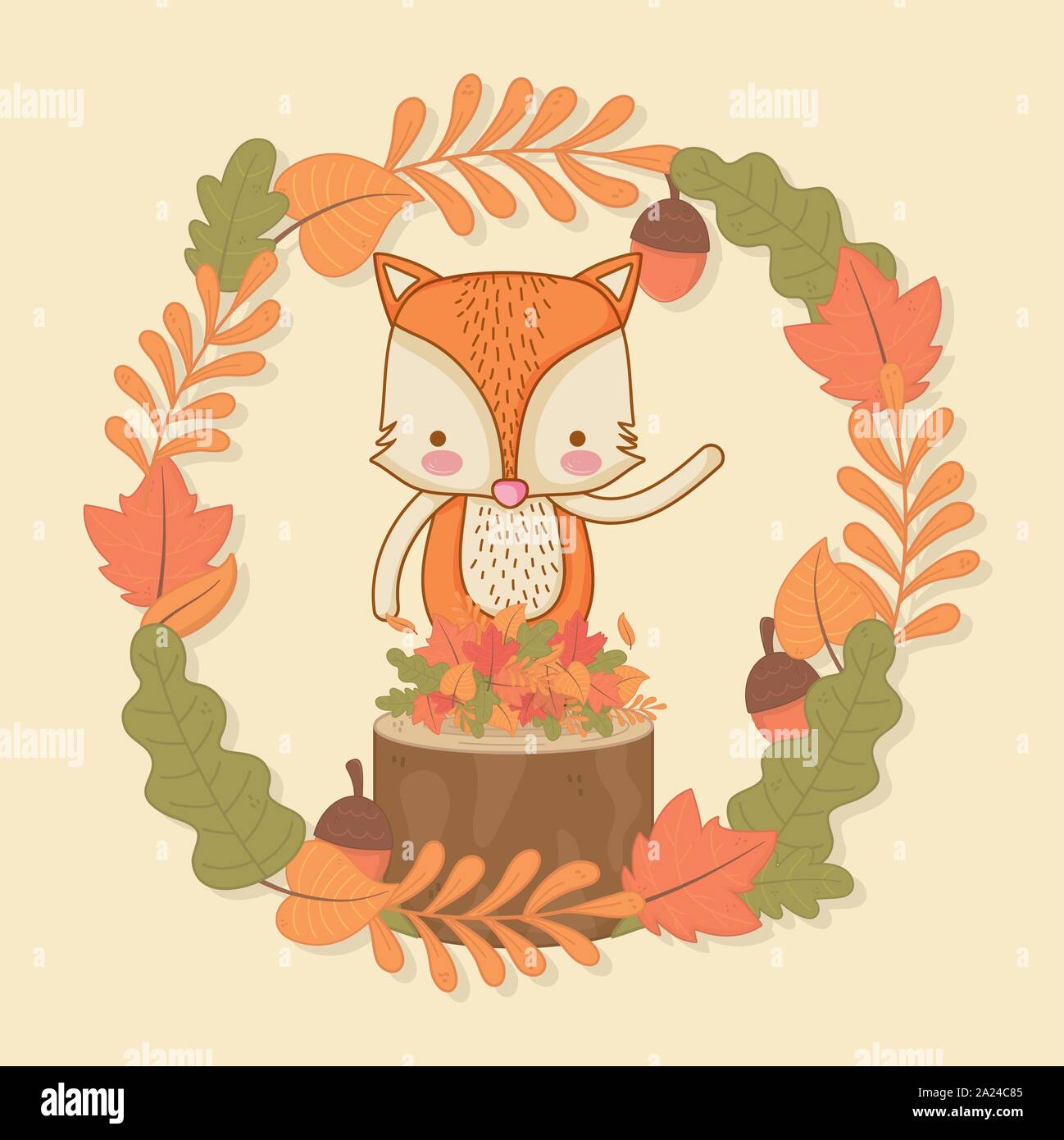 cute fox wreath acorns leaves foliage hello autumn vector illustration ...