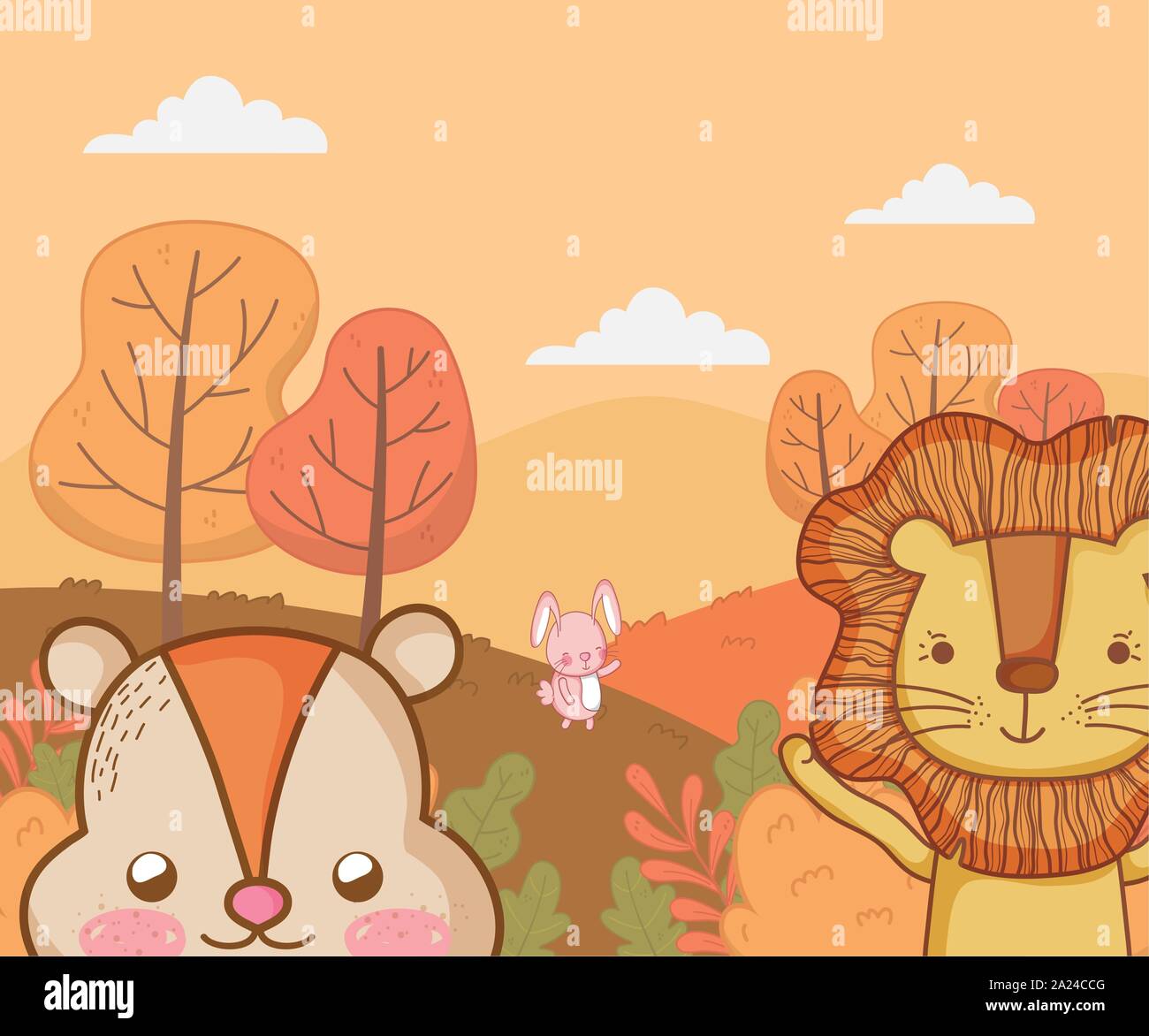 cute lion squirrel foliage hello autumn vector illustration Stock ...