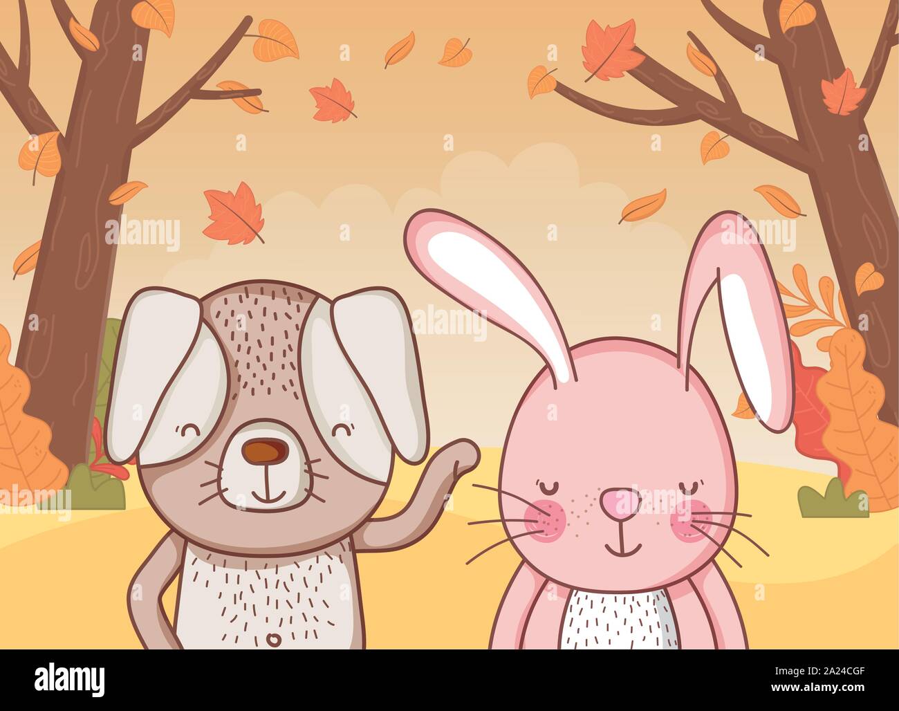 cute rabbit and dog foliage hello autumn vector illustration Stock ...