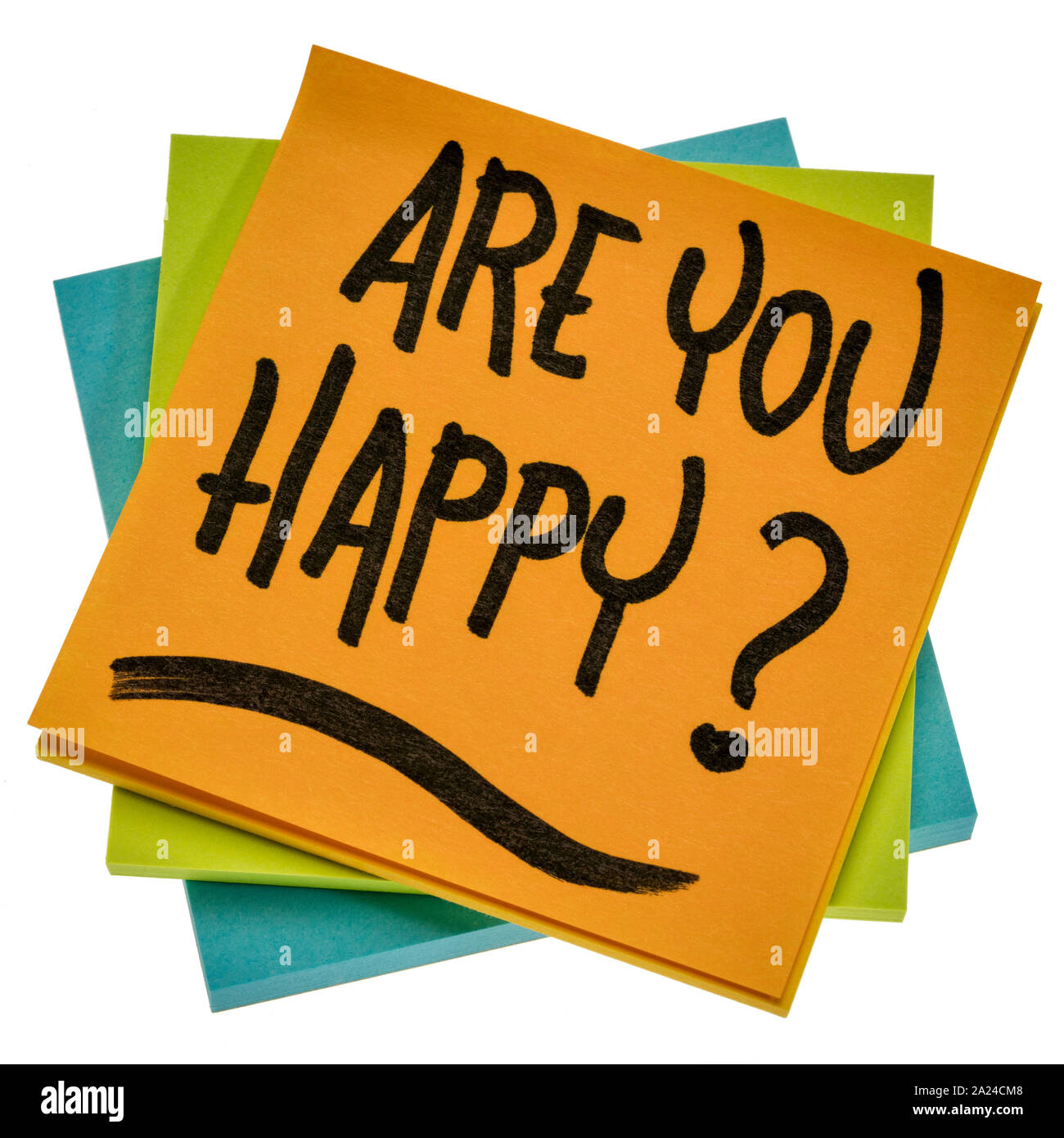 Are you happy? Handwriting on an isolated sticky note, essential ...