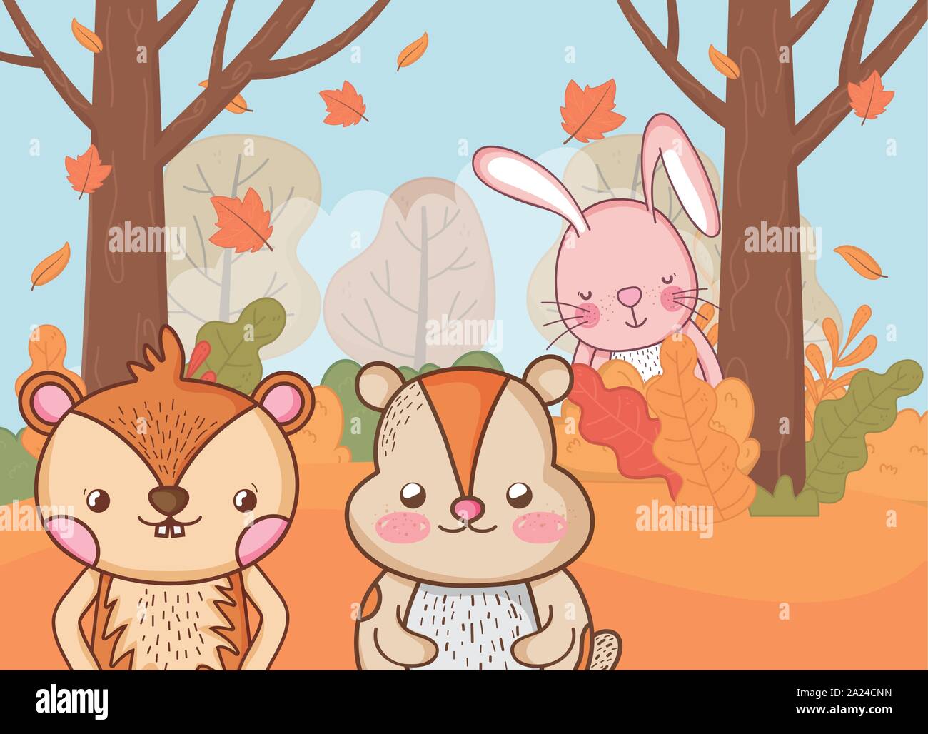 cute squirrel rabbit and beaver leaves foliage hello autumn vector ...