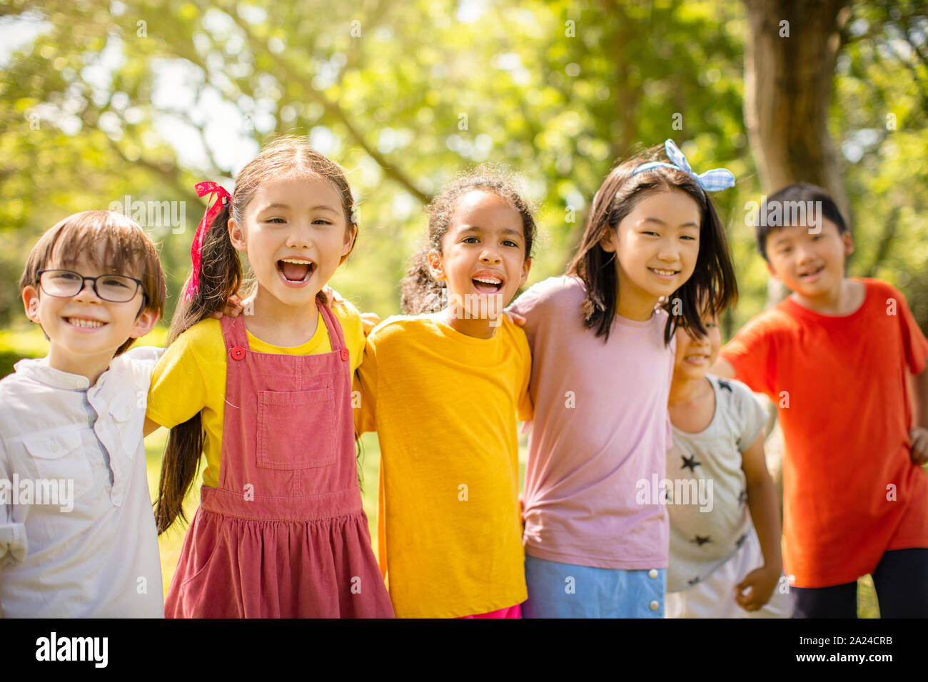 Multi-ethnic group of school children laughing and embracing Stock ...
