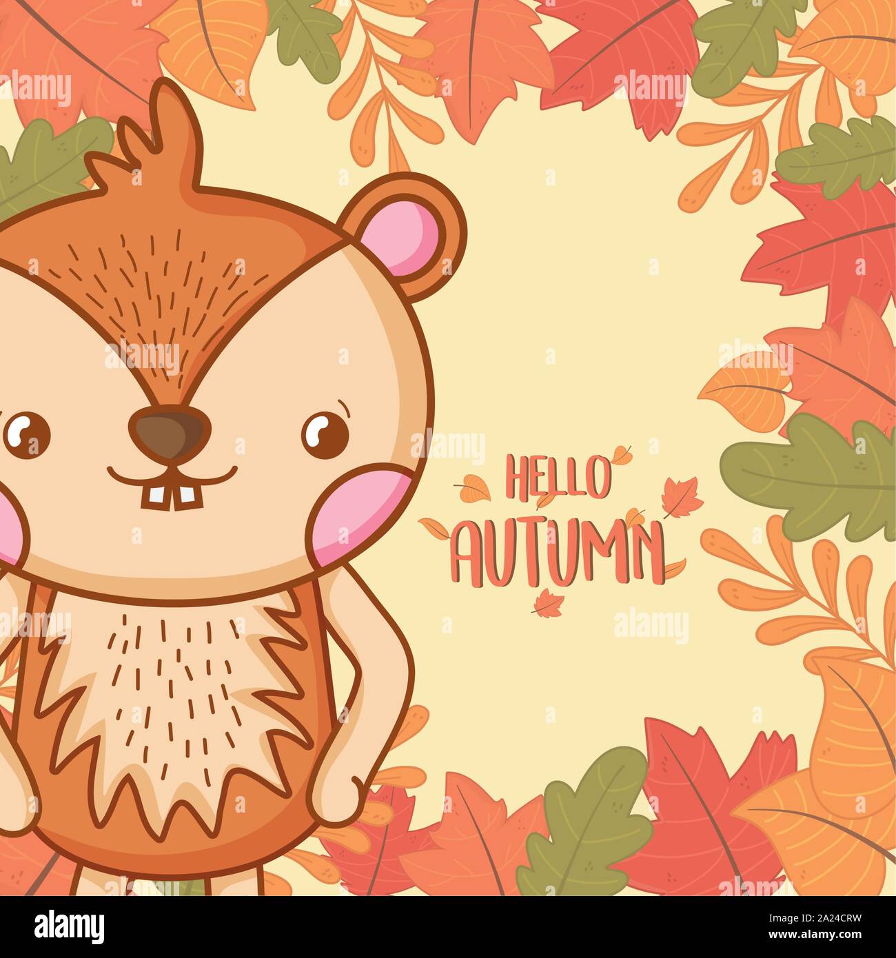 cute squirrel foliage hello autumn vector illustration Stock Vector ...