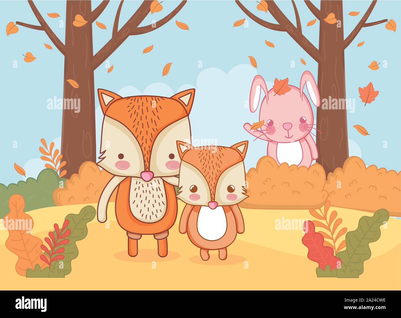 cute family foxes and rabbit foliage hello autumn vector illustration ...