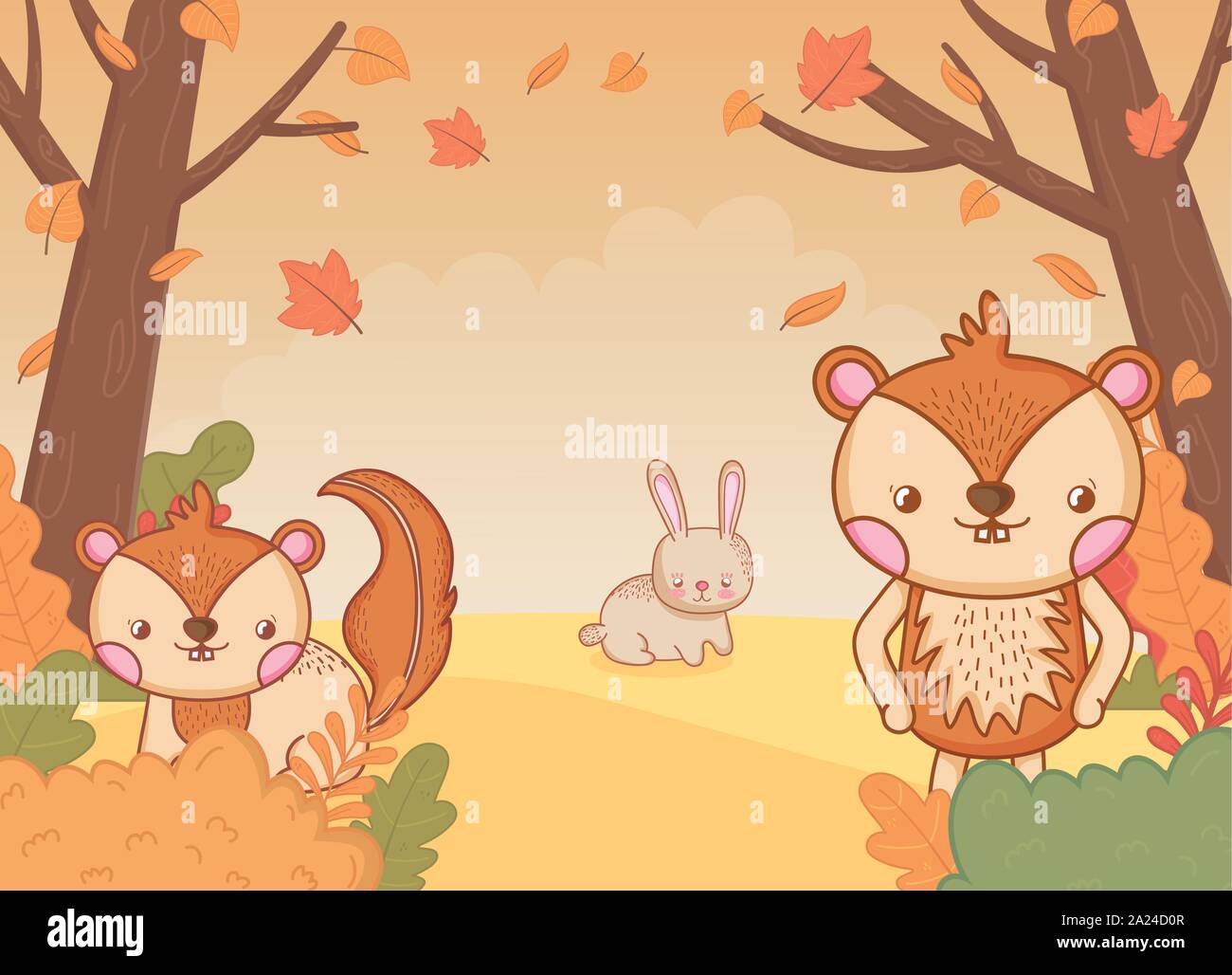 cute squirrel and rabbit foliage hello autumn vector illustration Stock ...