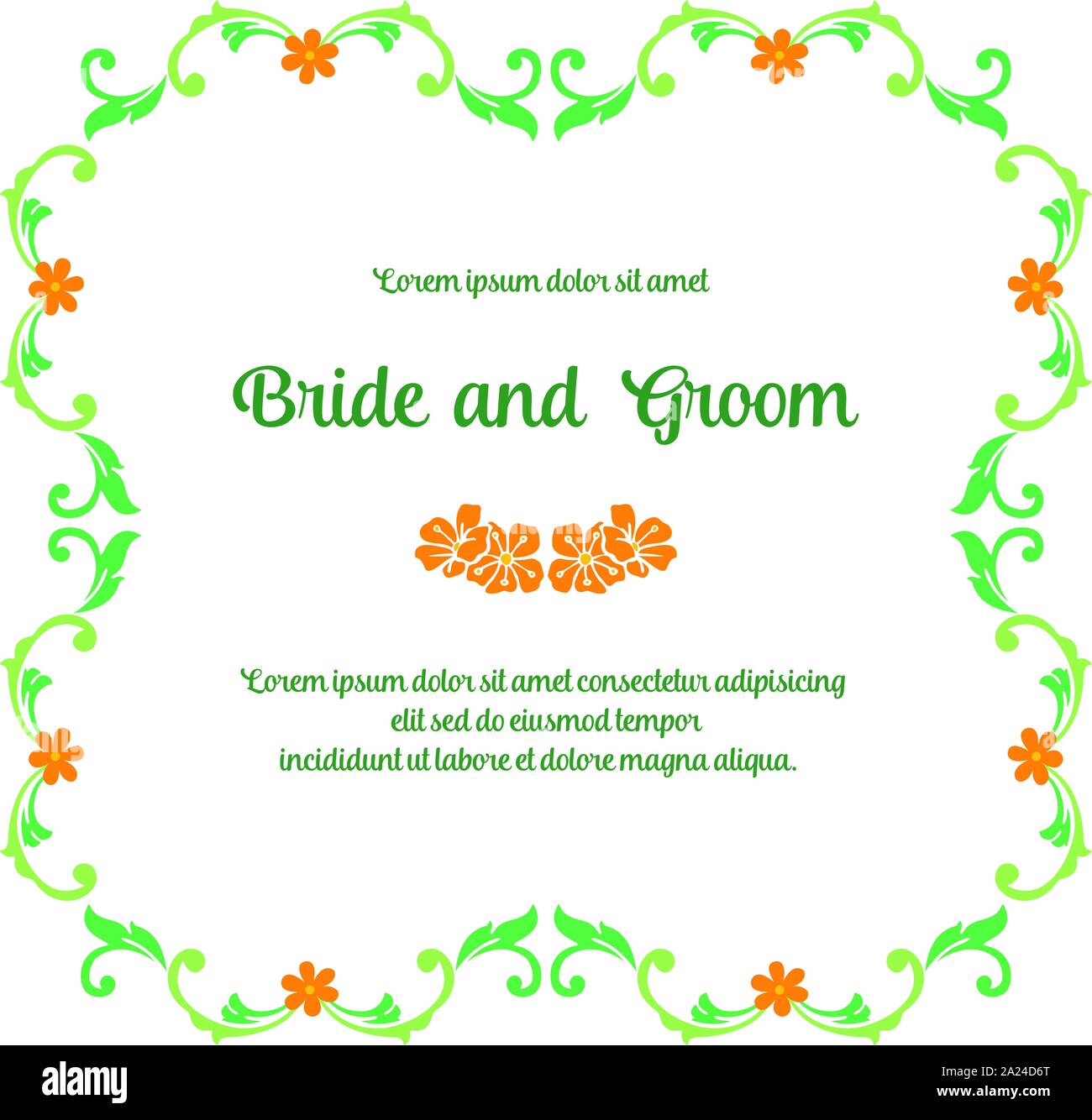 Lettering of bride and groom, with design pattern green leafy floral ...