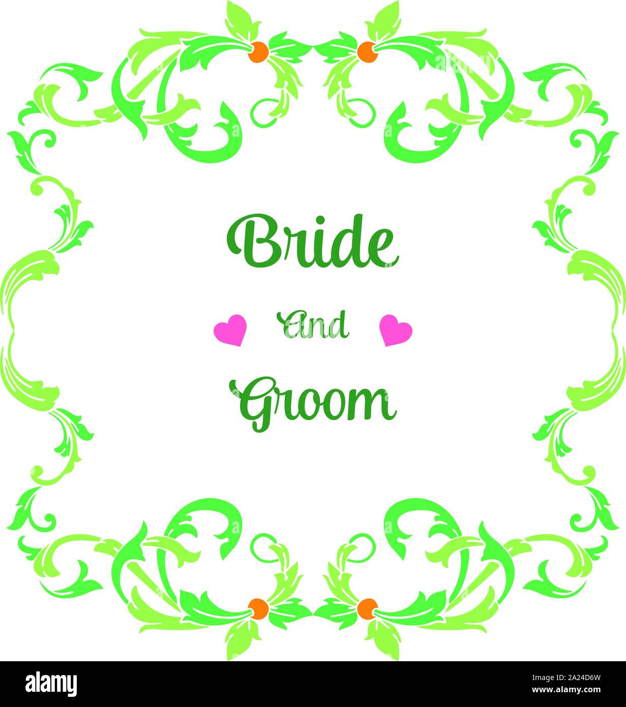 Lettering of bride and groom, with design pattern green leafy floral ...
