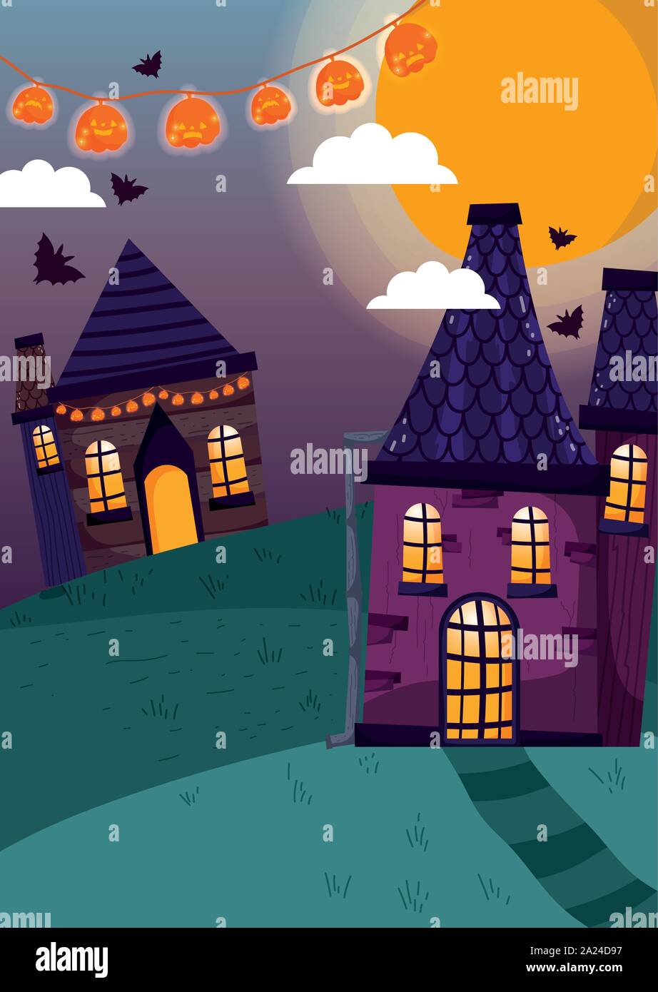 haunted houses village bats night moon trick or treat happy halloween ...