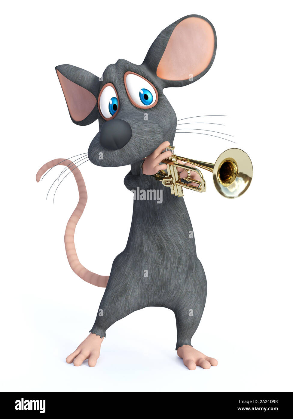 3D rendering of a cute cartoon mouse playing a trumpet. White ...