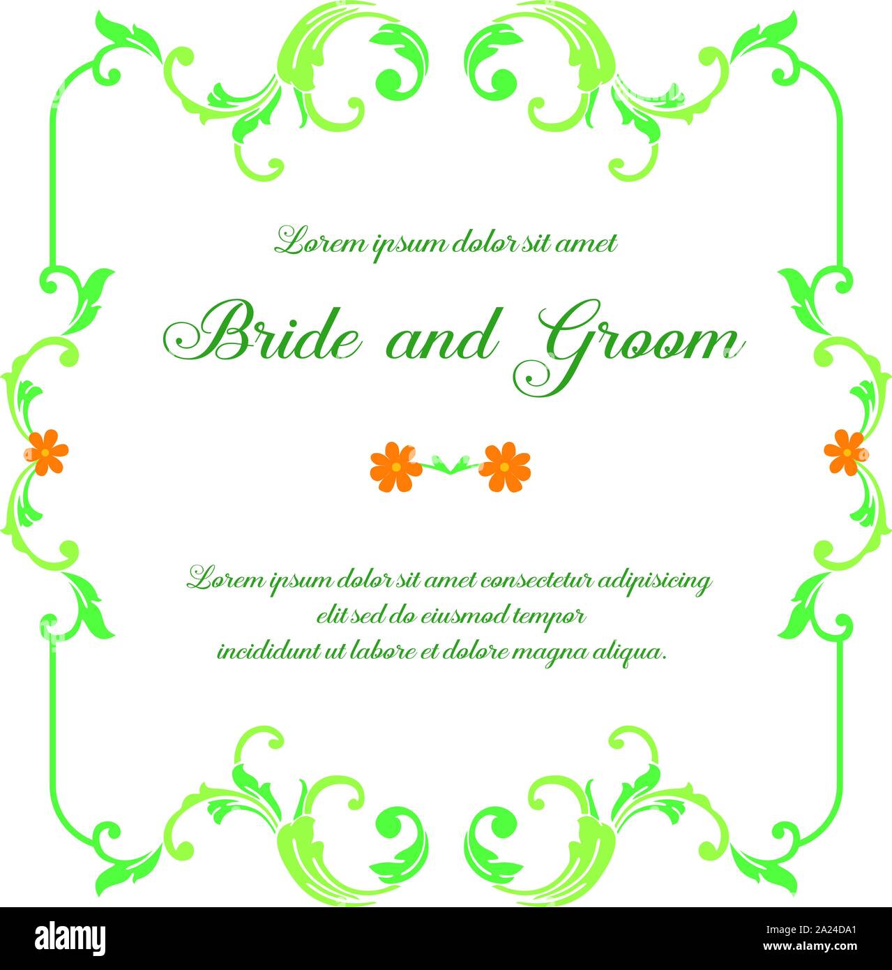 Lettering of bride and groom, with design pattern green leafy floral ...