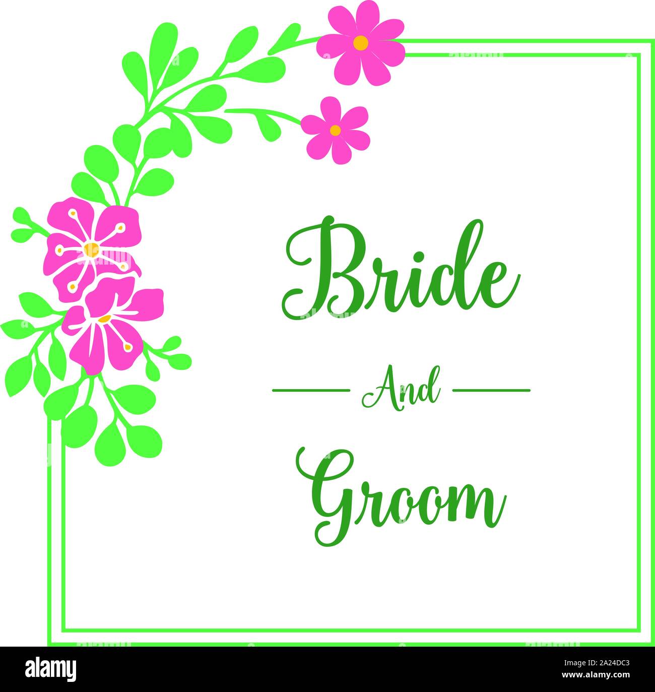 Lettering of bride and groom, with design pattern green leafy floral ...