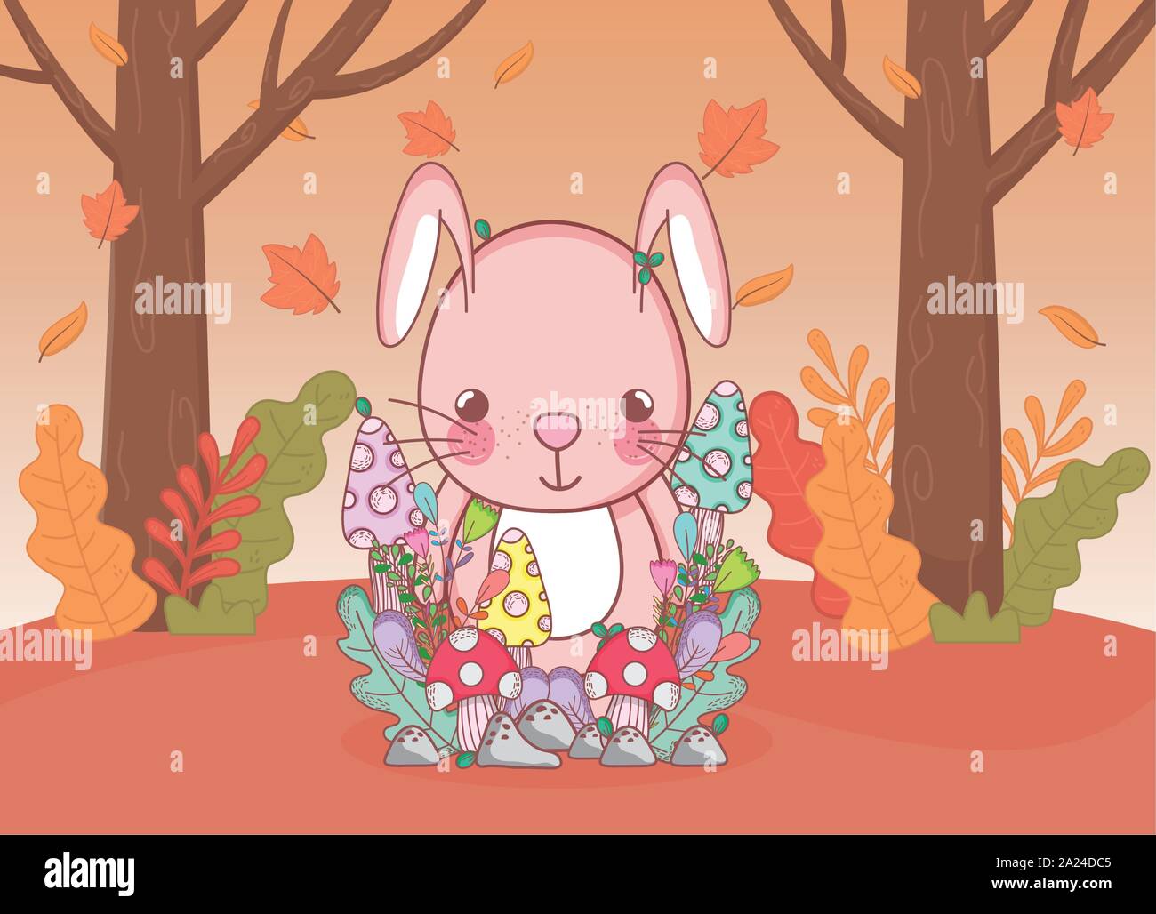 cute rabbit mushroom leaves trees foliage hello autumn vector ...