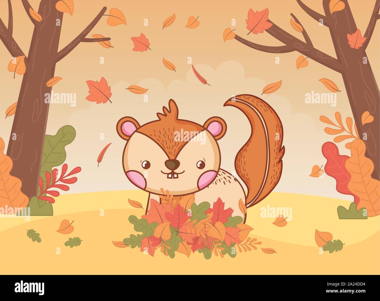 cute squirrel foliage hello autumn vector illustration Stock Vector ...