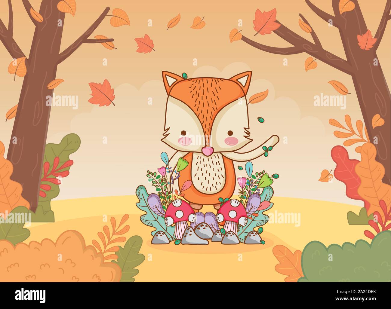 cute fox mushroom leaves trees foliage hello autumn vector illustration ...