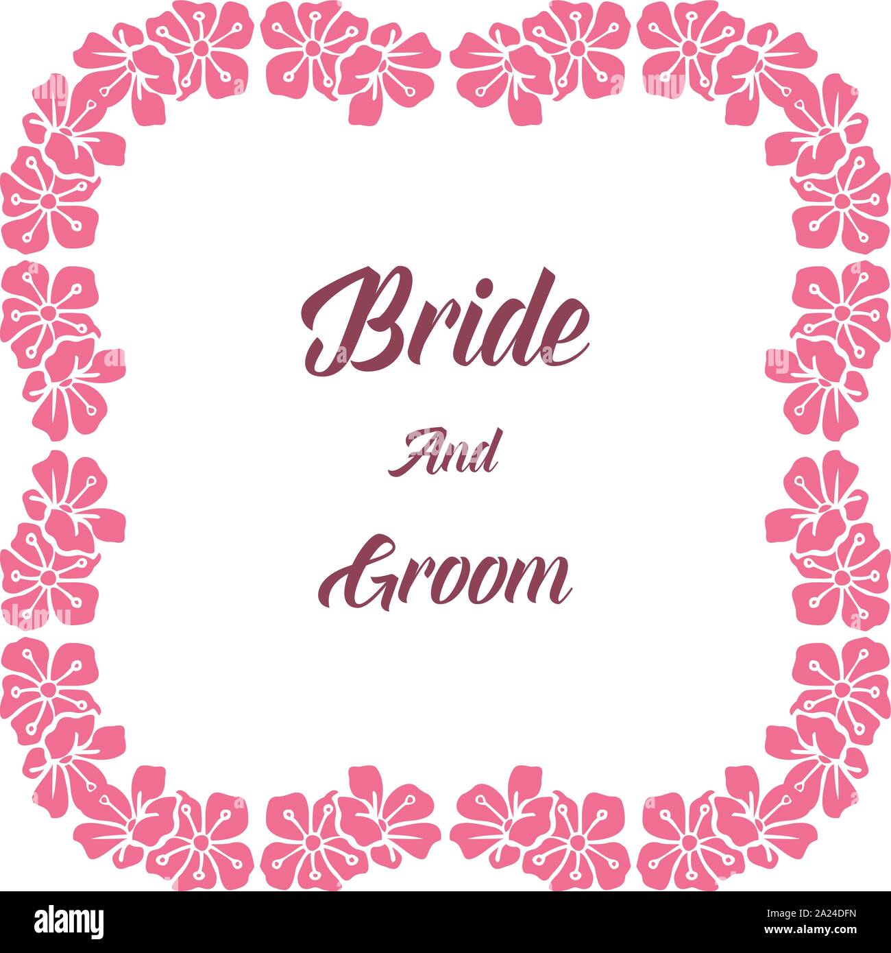 Lettering of bride and groom, with design pattern green leafy floral ...