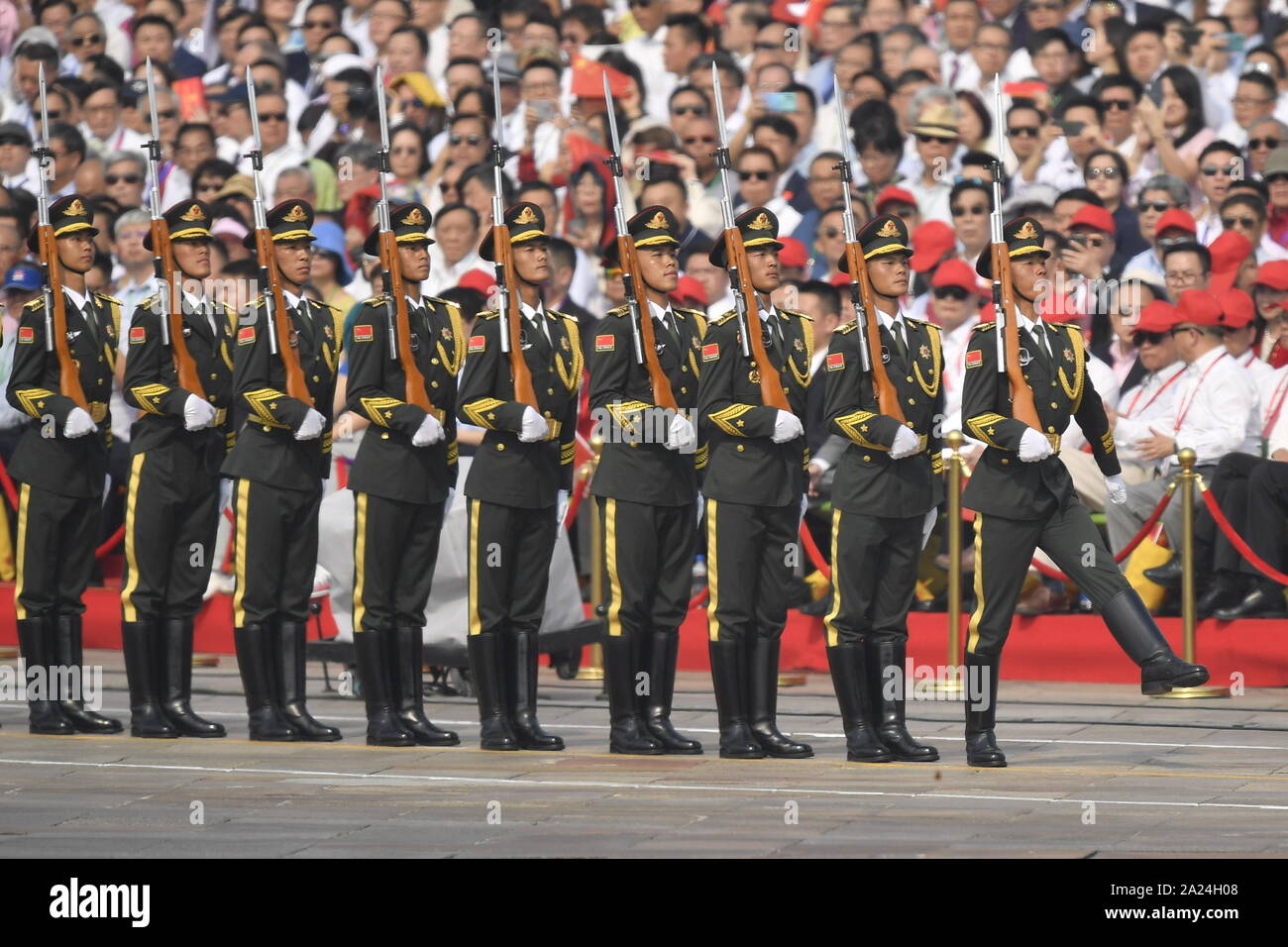 Beijing, China. 1st Oct, 2019. Parade guards step in position during ...